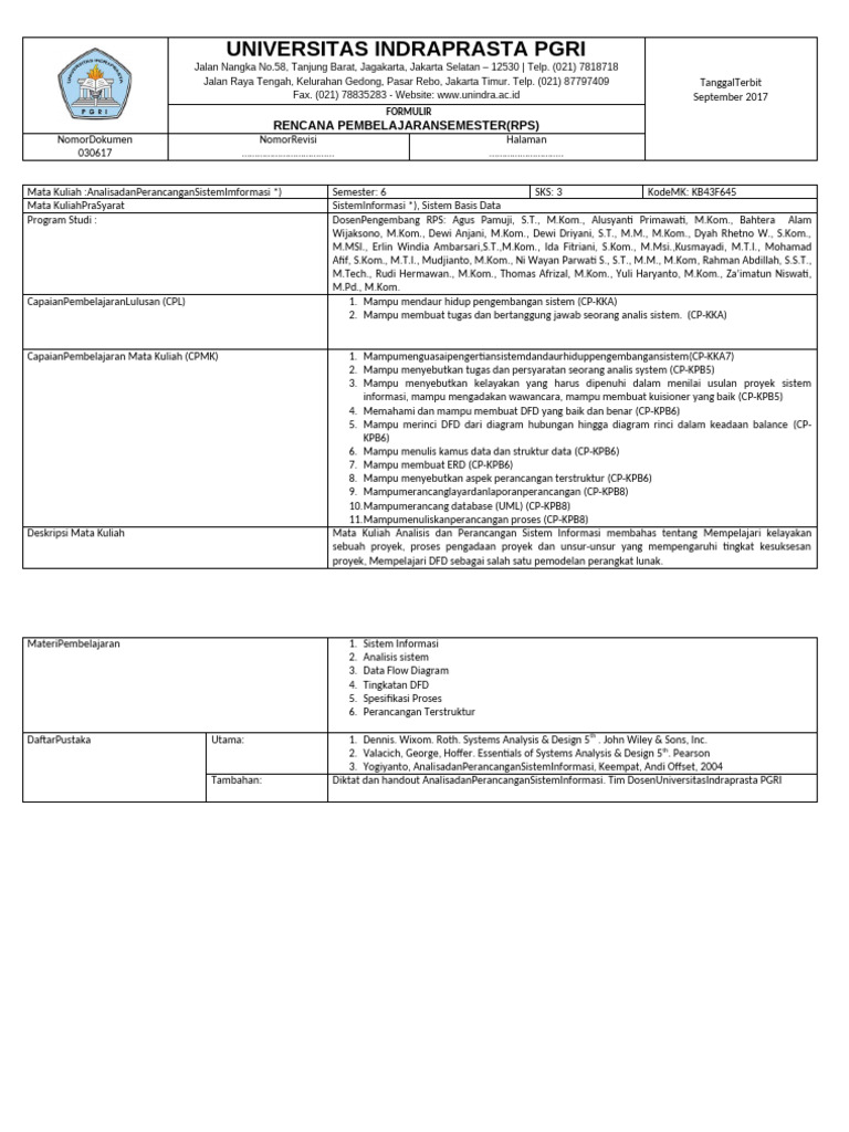 RPS Analisa Dan Perancangan Sistem Informasi 2017 | PDF