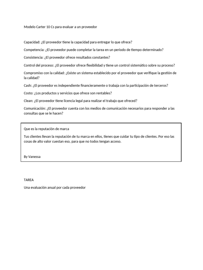 Modelo Carter 10 Cs para evaluar a un proveedor | PDF