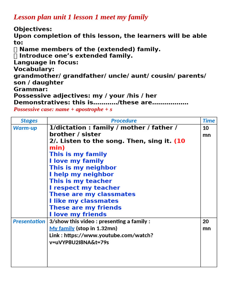 Lesson Plan Unit 1 Lesson 1 Meet My Family | PDF
