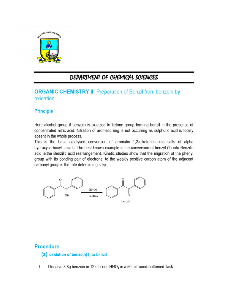 Synthesis of Benzil from Benzoin | PDF | Acid | Chemistry