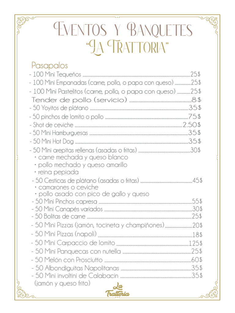 Menú de Eventos y Banquetes La Trattoria | PDF | Alimentos | Cocina