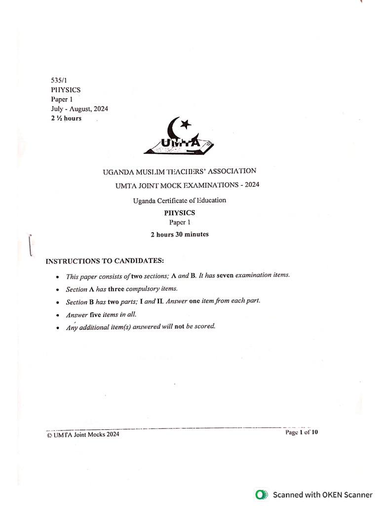 Umta Uce Physics P1 2024 | PDF