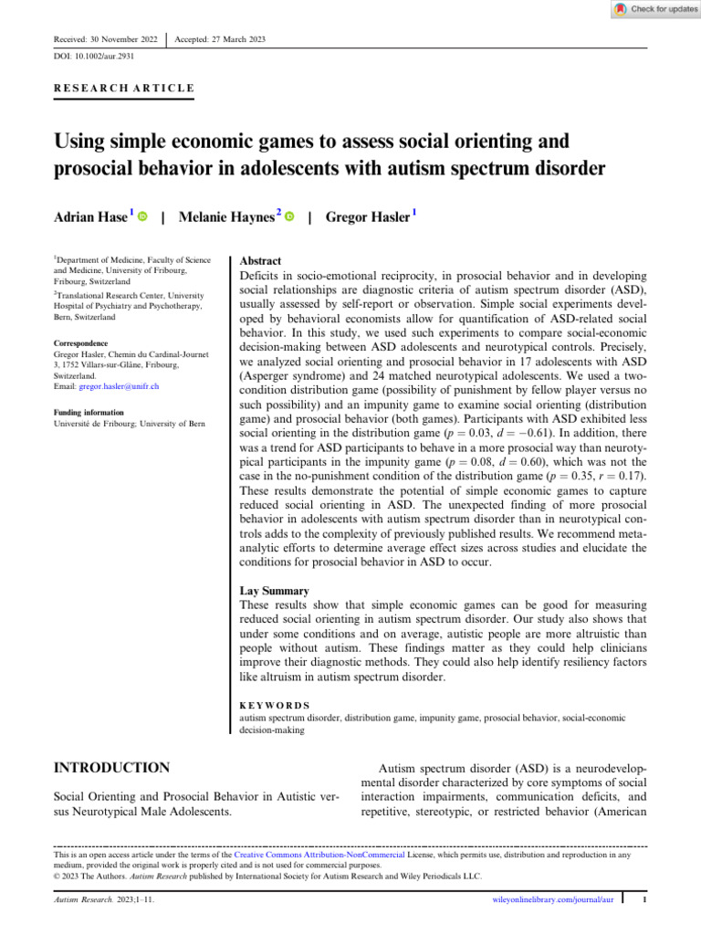 Autism Research - 2023 - Hase - Using Simple Economic Games To Assess Social Orienting and ...