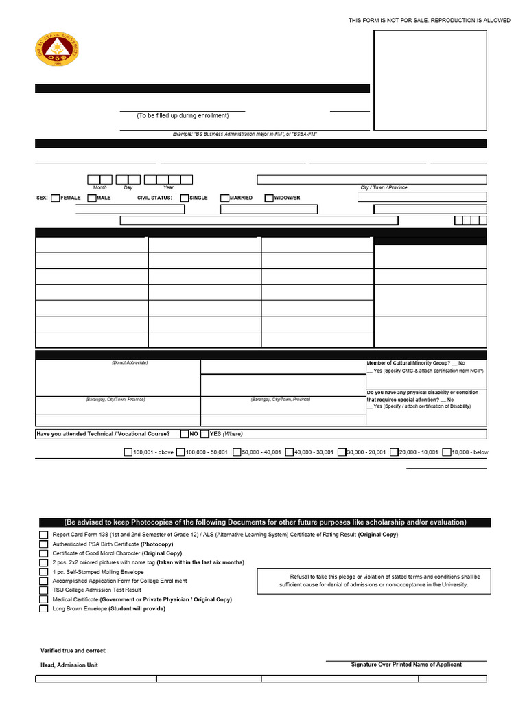 C Application Form For College Enrollment Freshmen Student | PDF