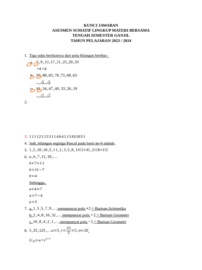 Kunci Jawaban PTS MTK SMT 1 | PDF