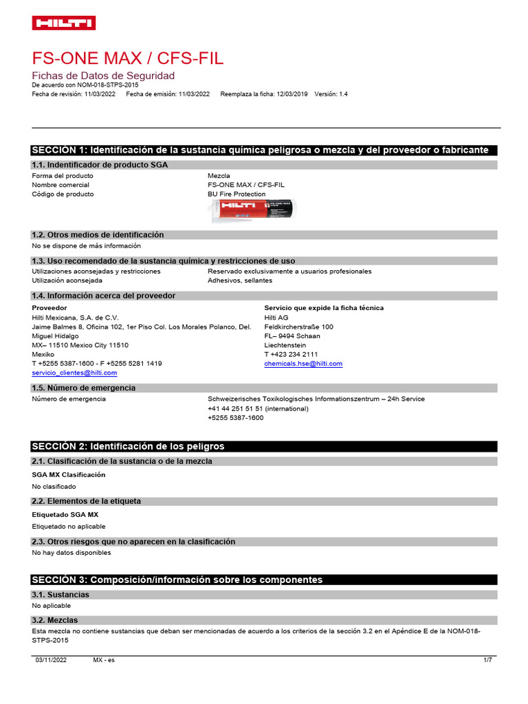 Ficha de Seguridad FS-ONE MAX/CFS-FIL | PDF | Agua | Primeros auxilios