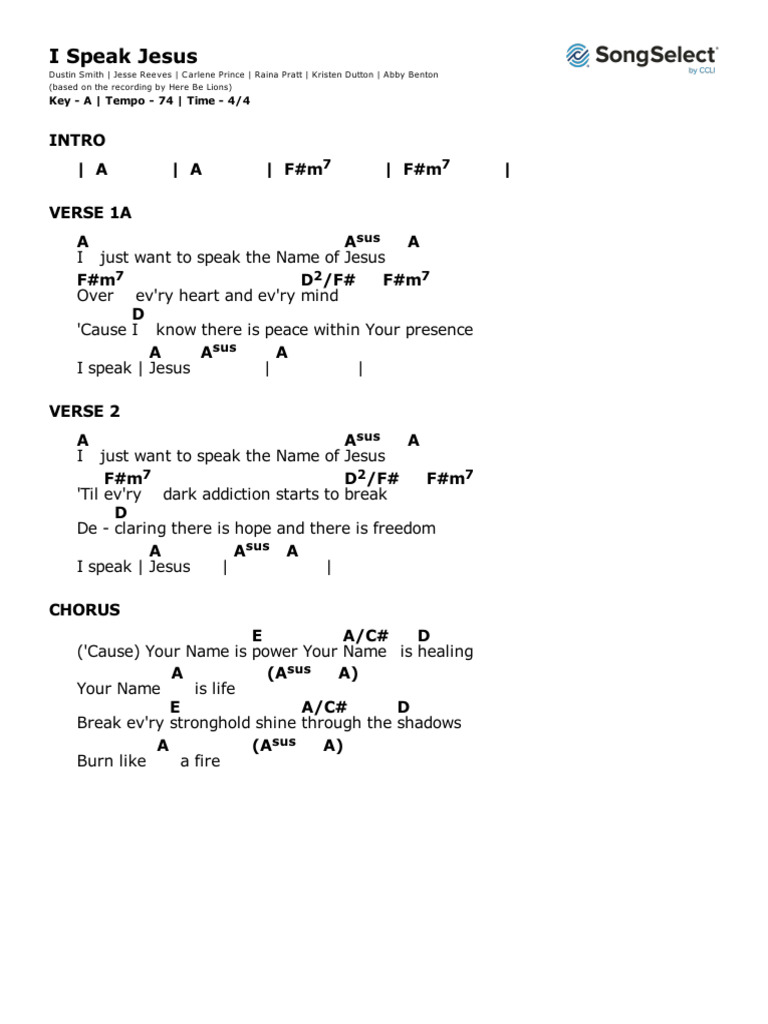 I Speak Jesus - Chord Chart in A | PDF