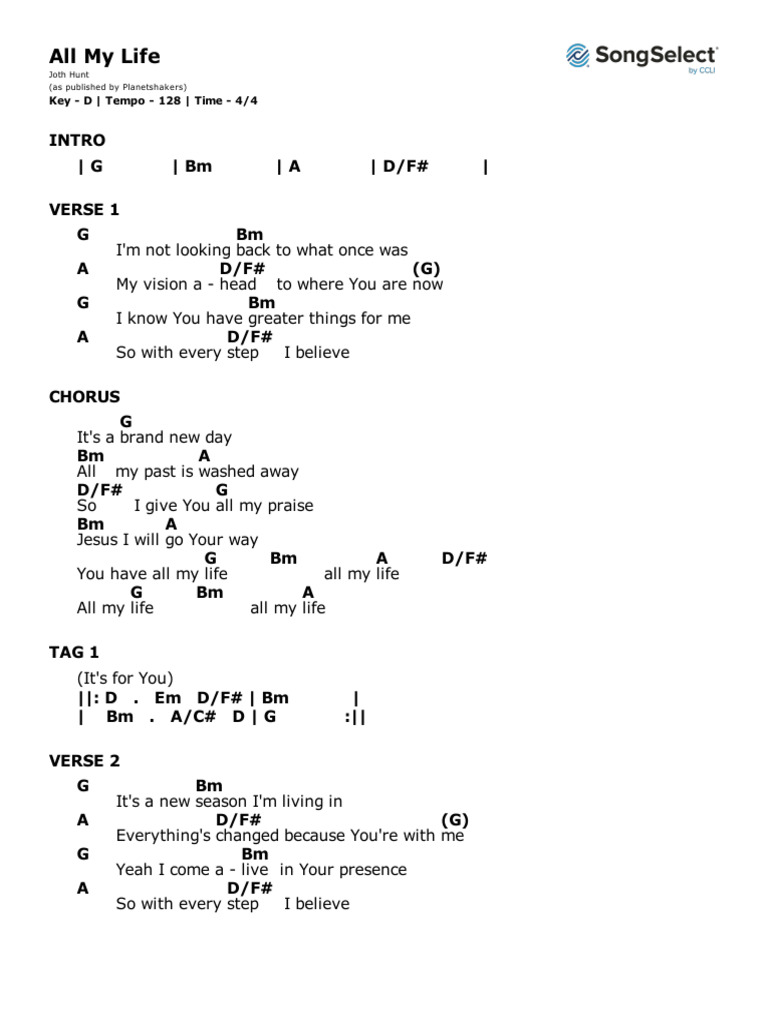 All My Life - SongSelect Chart in D | PDF