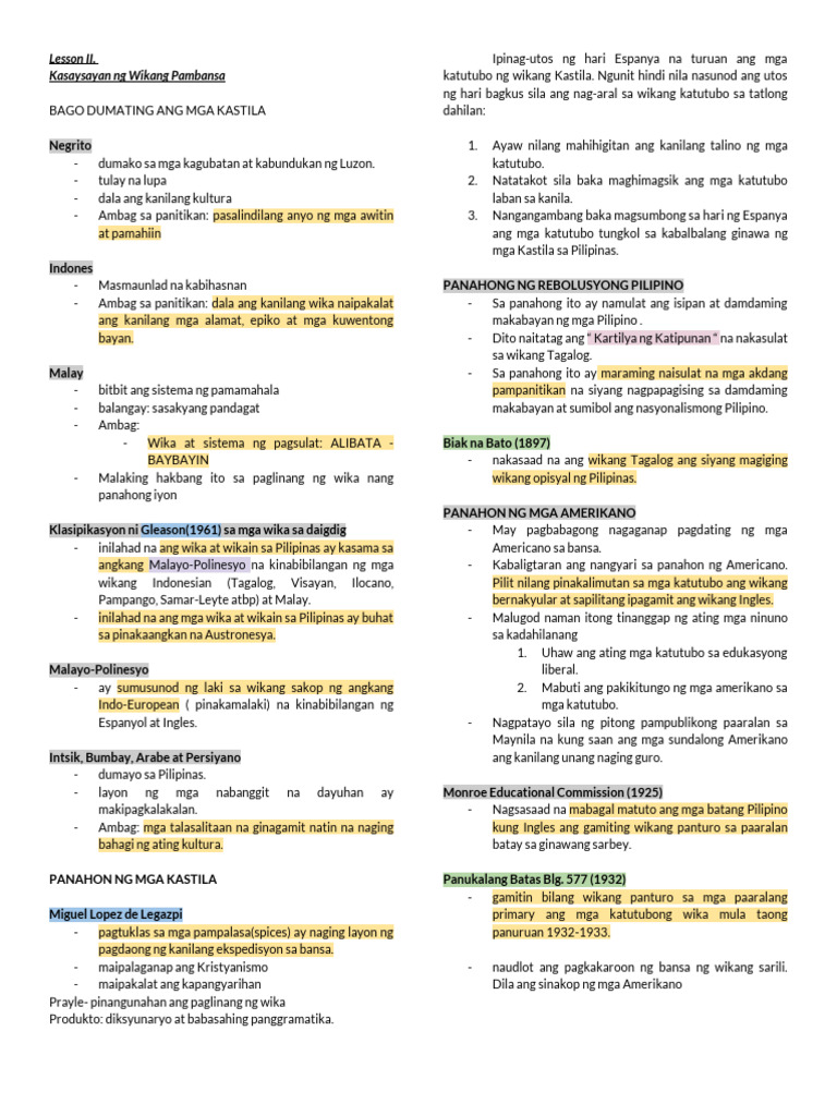 Lesson II. Kasaysayan ng Wikang Pambansa | PDF Lesson II. Kasaysayan ng Wikang Pambansa | PDF