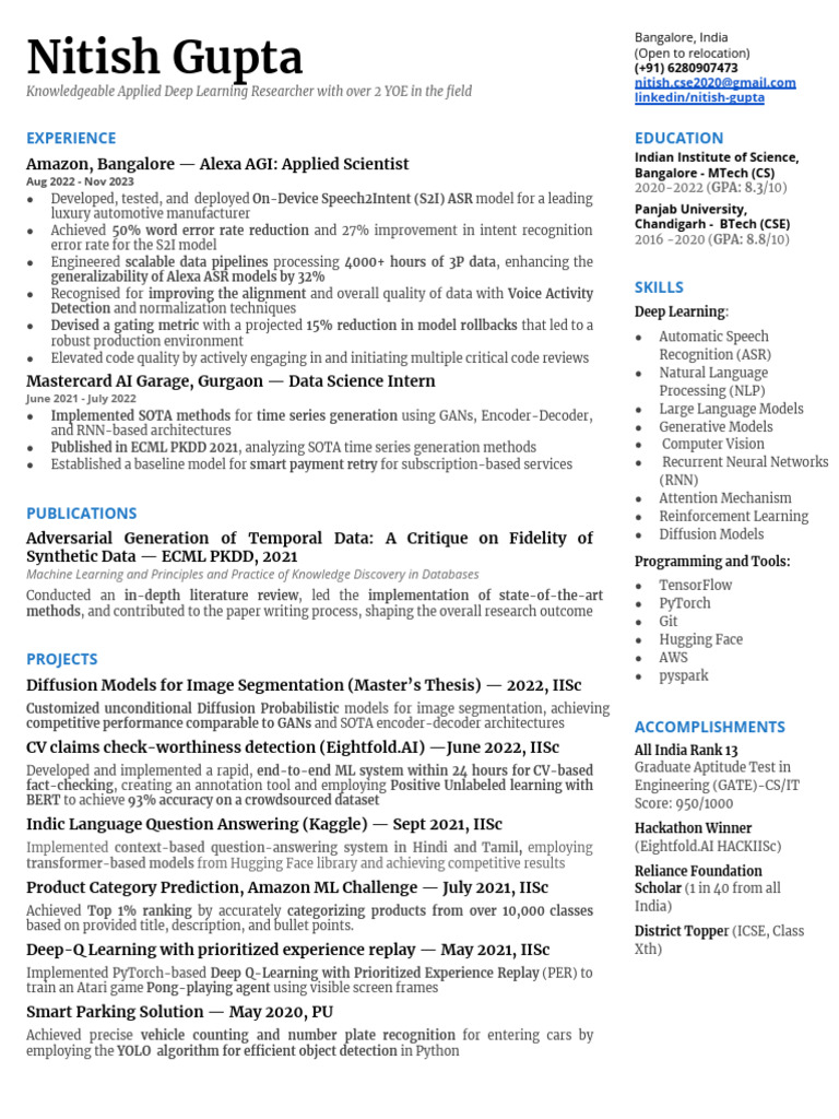 Resume Amazon Applied Scientist IISc 2022 | PDF | Deep Learning ...