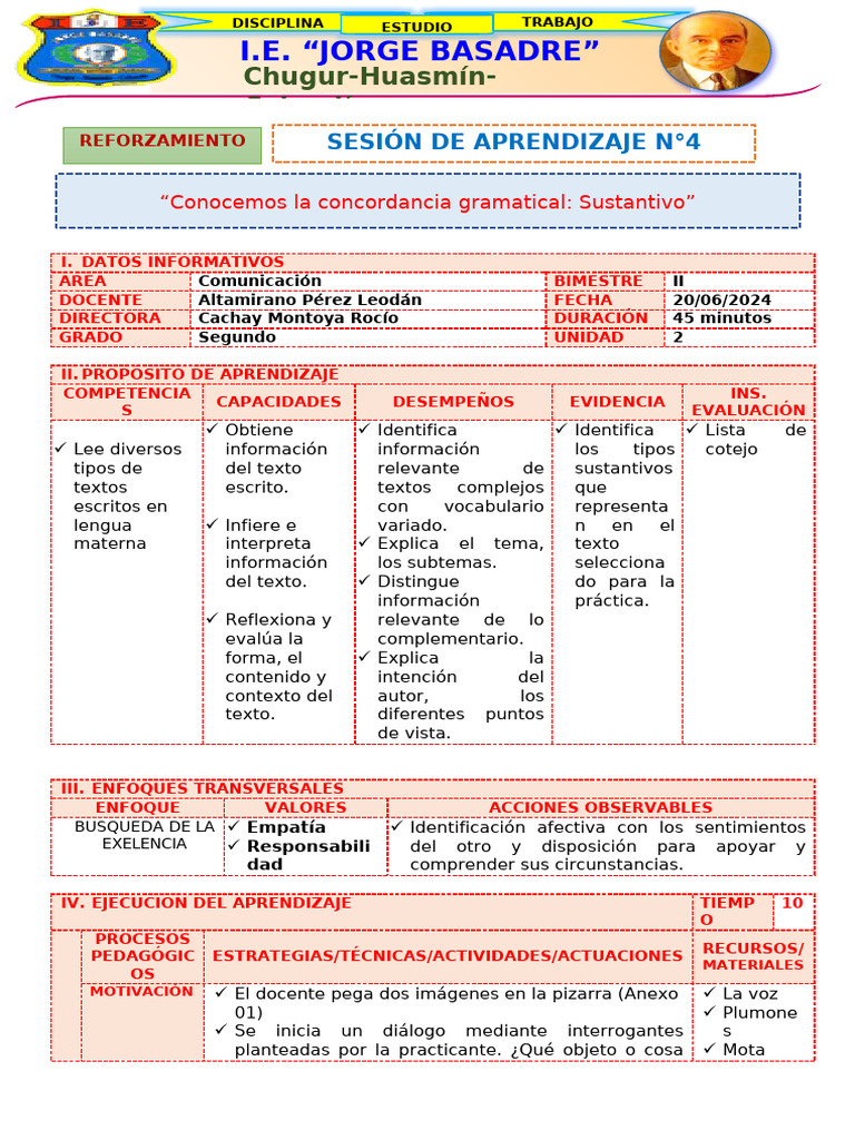 Esquema de Sesion de Clase Sustantivo. | PDF