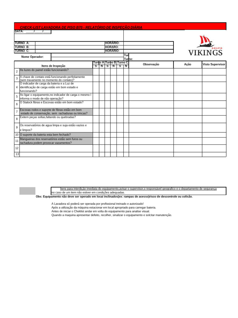 Check-List Lavadora de Piso B70 | PDF