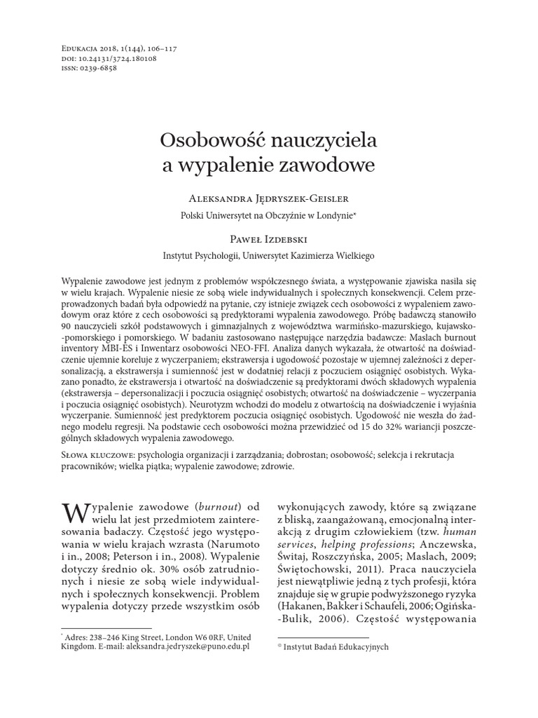 Osobowość Nauczyciela A Wypalenie Zawodowe | PDF