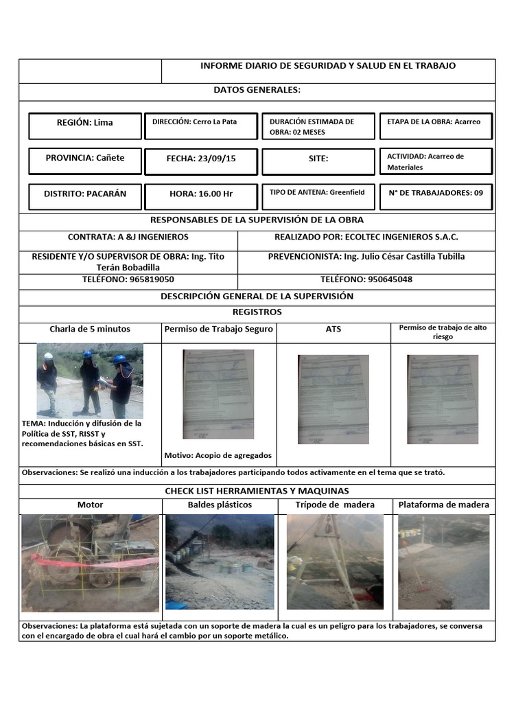 Informe Diario de Seguridad y Salud en El Trabajo - Ecoltec Ingenieros Sac | PDF