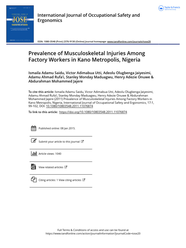 Prevalence of Musculoskeletal Injuries Among Factory Workers in Kano ...