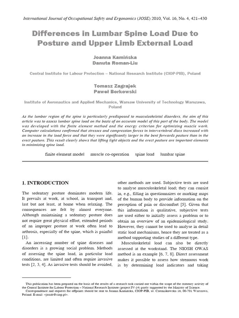 Differences in Lumbar Spine Load Due To Posture and Upper Limb External ...