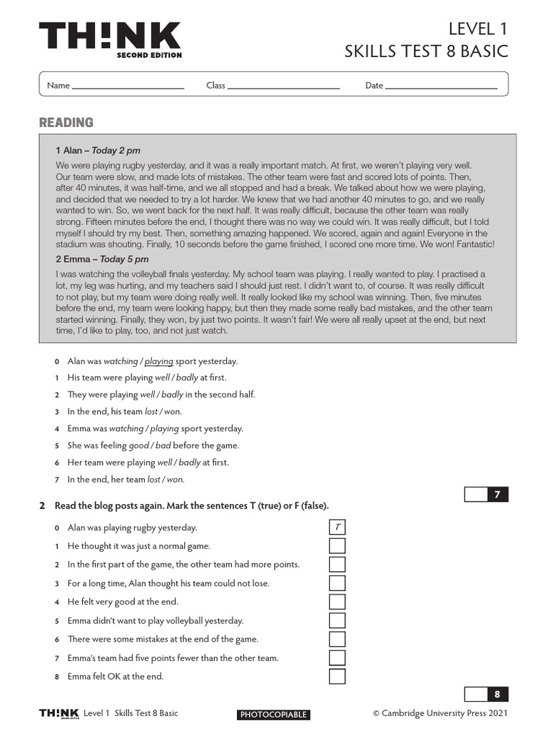 Level 1 Skills Test 8: Basic Sports | PDF