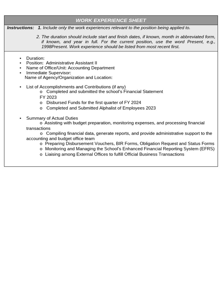 Work Experience Sheet (CSC) | PDF