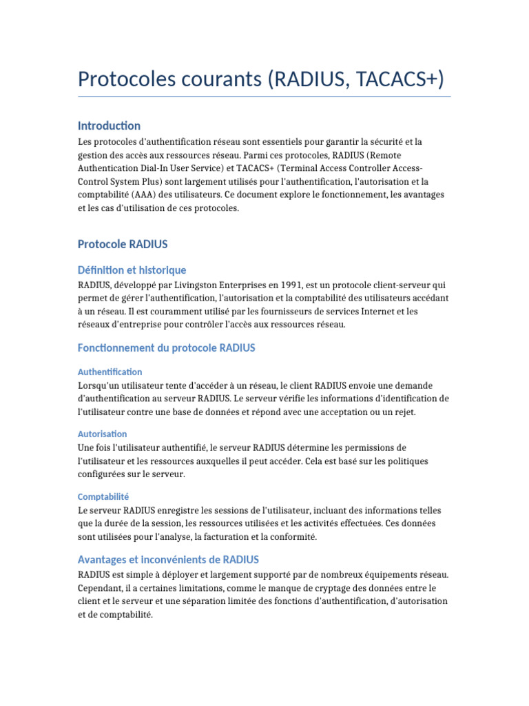 RADIUS et TACACS+ : Comparaison des Protocoles | PDF | Rayon (géométrie ...