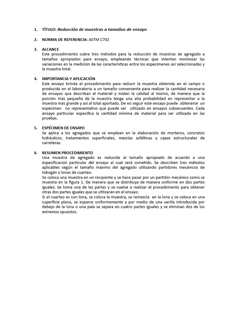 Reducción de Muestras A Tamaños de Ensayo: 1. Título: 2. Norma de Referencia: Astm C702 3 ...