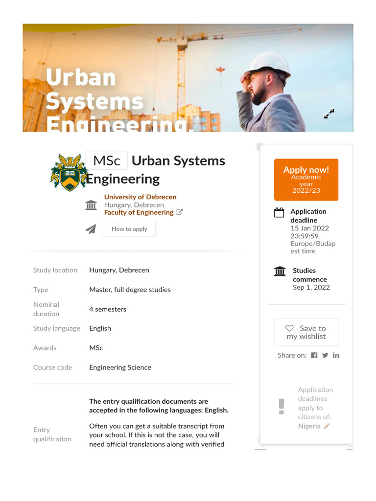 (MSC) Urban Systems Engineering - Stipendium Hungaricum | PDF