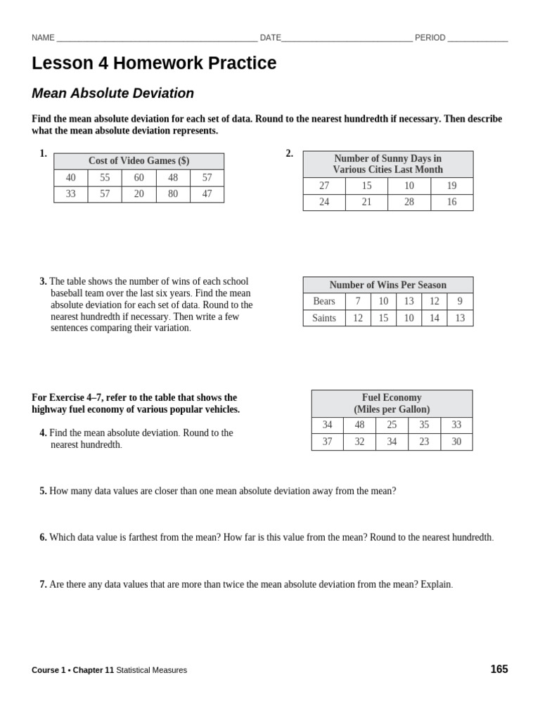 CH 11 l4 Homework Practice Mean Absolute Deviation | PDF