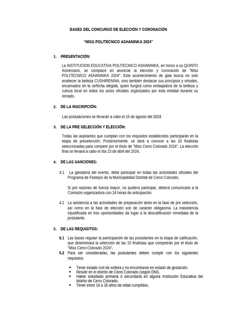 Final Bases Miss Cerro Colorado 2024 | PDF