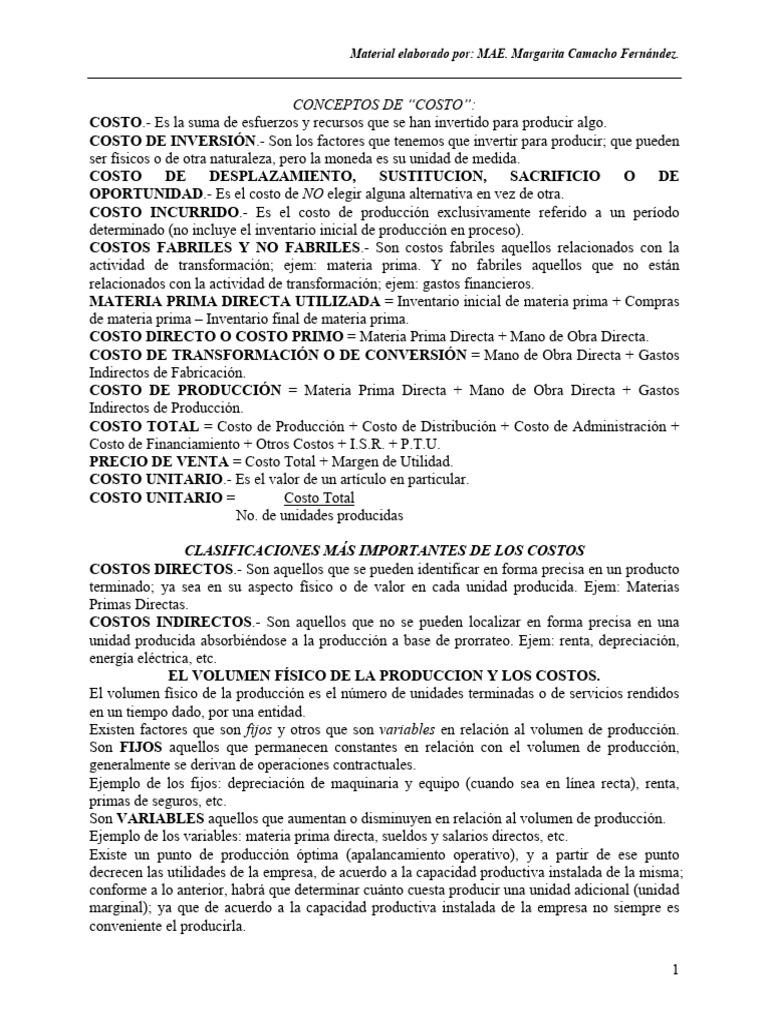 Conceptos y Fórmulas de Costos | PDF