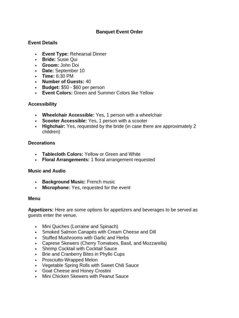 Banquet Event Order- Rehearsal | PDF