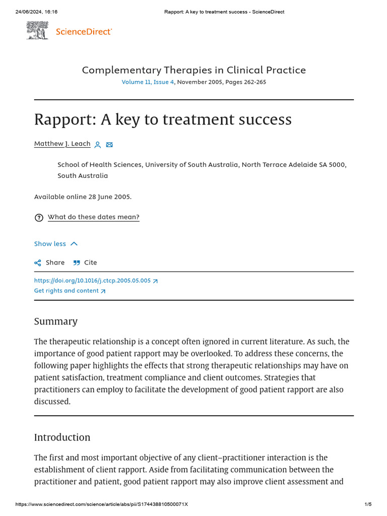 Rapport - A Key To Treatment Success - ScienceDirect | PDF