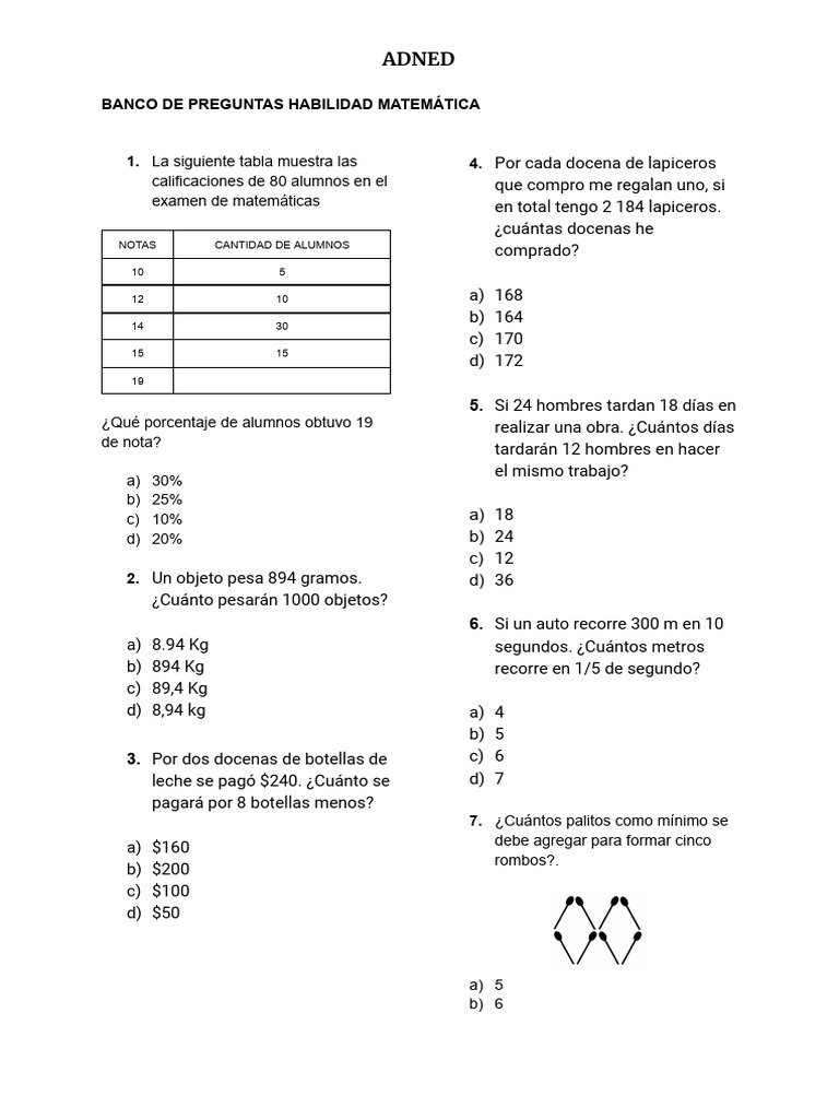 Banco de Preguntas Habilidad Matem-Tica 2 | PDF