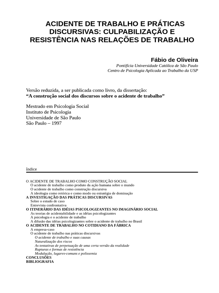 Acidente de Trabalho e Práticas Discursivas - Culpabilização e ...