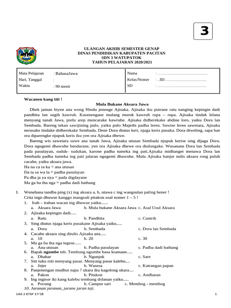 7.soal UAS KTSP Bhs Jawa Kls 3 | PDF