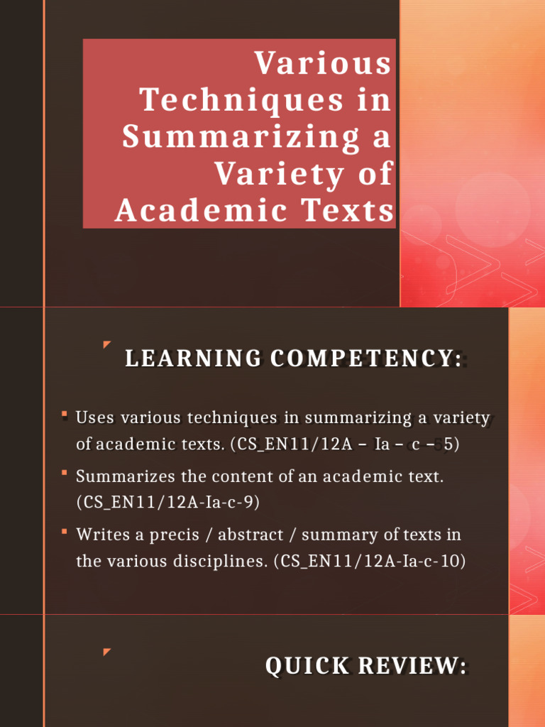 Various Techniques in Summarizing A Variousof Academic Texts (Lesson 3) | PDF | Tornadoes ...