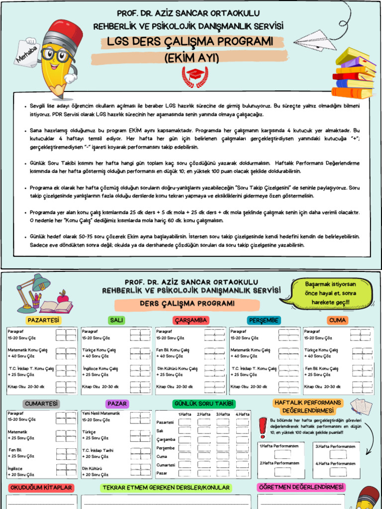 LGS Ders Calisma Programi 2023 2024 Ekim Ayi | PDF