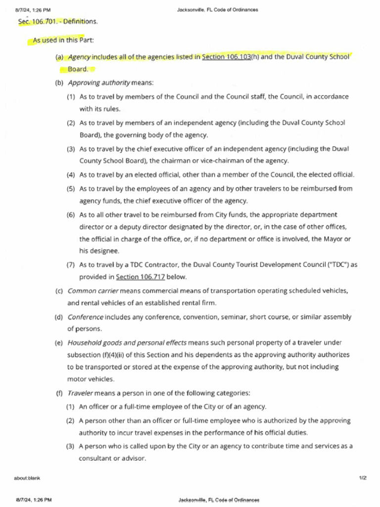 Florida Code of Ordinances - Travel Regulations | PDF