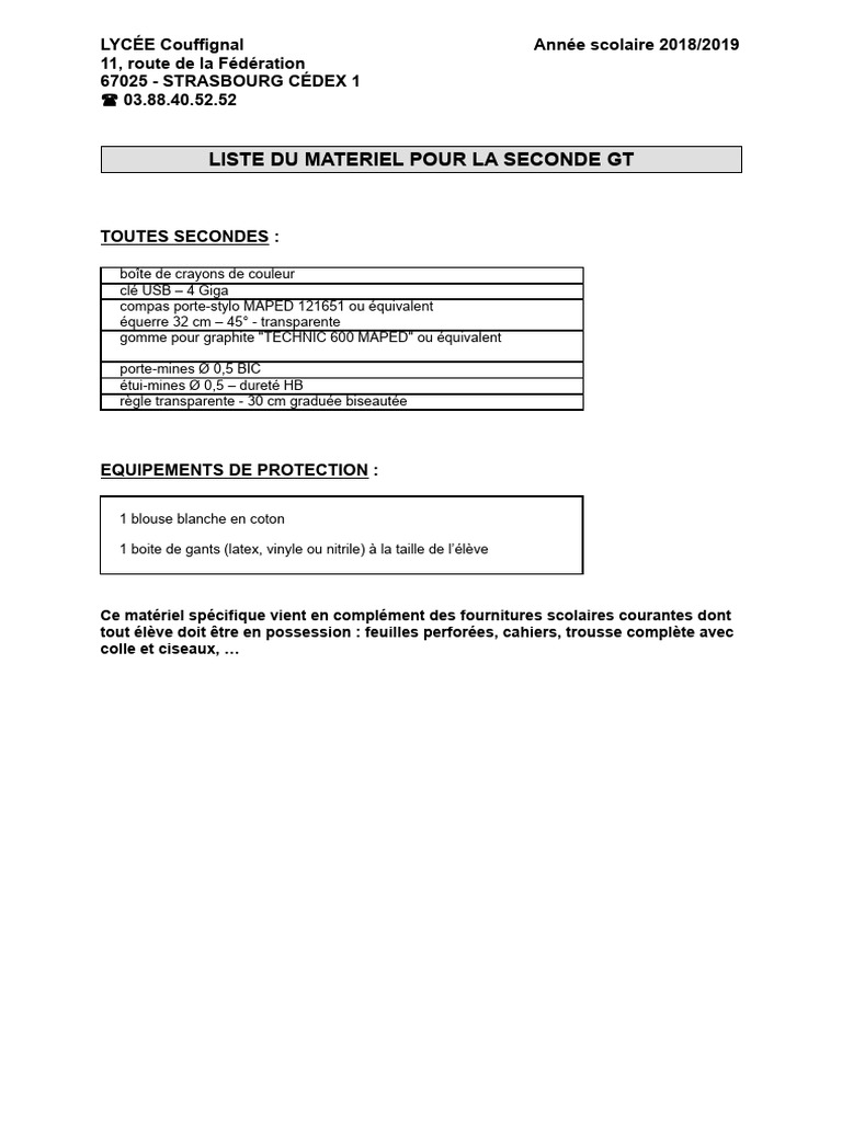 Liste Du Materiel Pour La Seconde GT | PDF