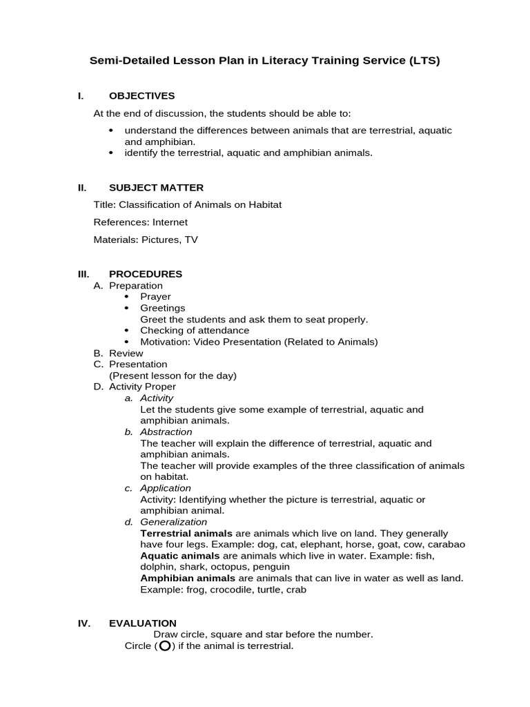 Semi-Detailed Lesson Plan in Literacy Training Service (LTS) | PDF