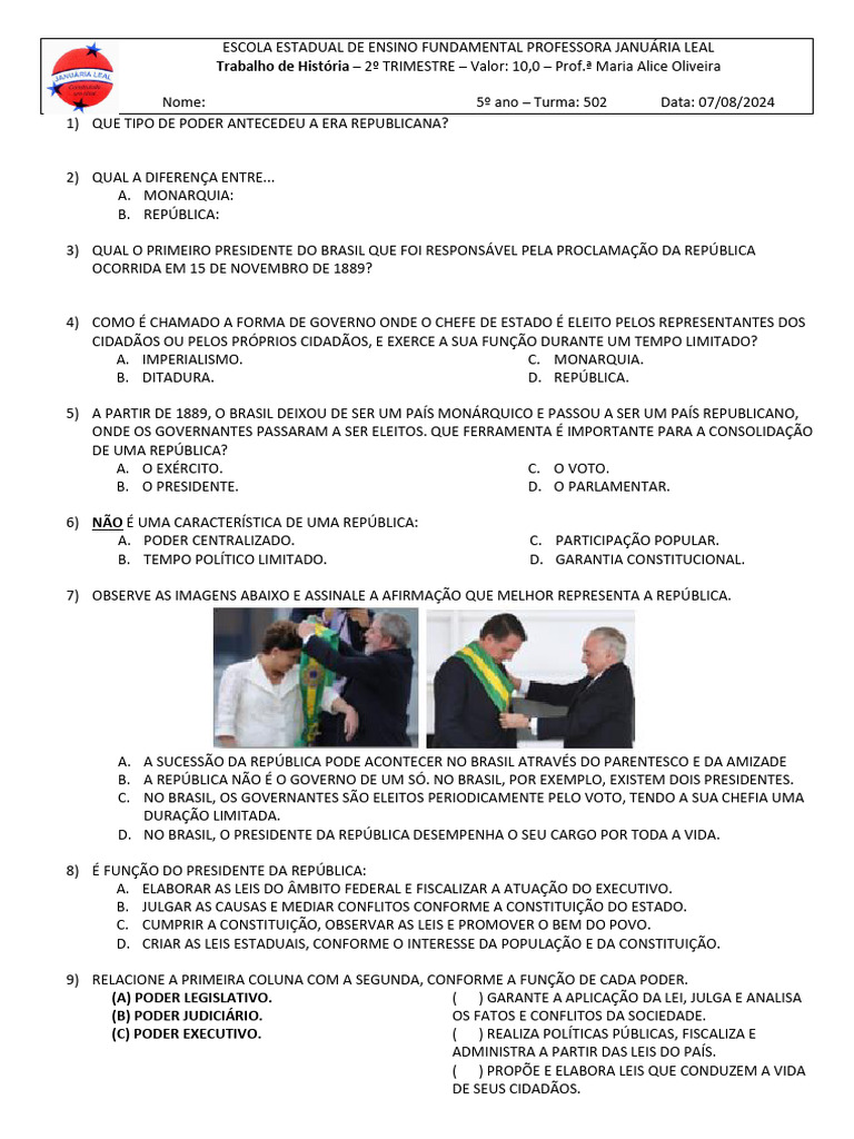 Avaliação de HIST - 2º Tri - MONARQUIA - REPÚBLICA - TRÊS PODERES | PDF