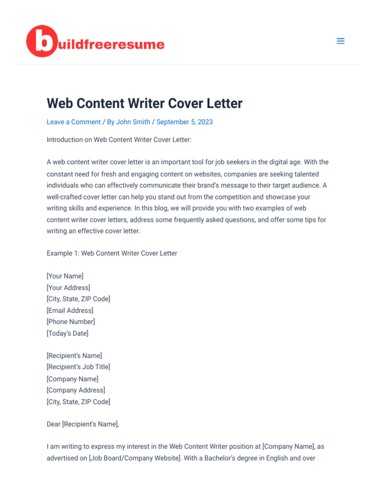 Web Content Writer Cover Letter | PDF | Résumé | Career & Growth