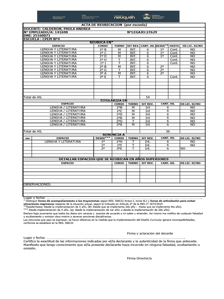 ACTA DE REUBICACIÓN - PLANILLA #4.xlsx MODIFICADA | PDF