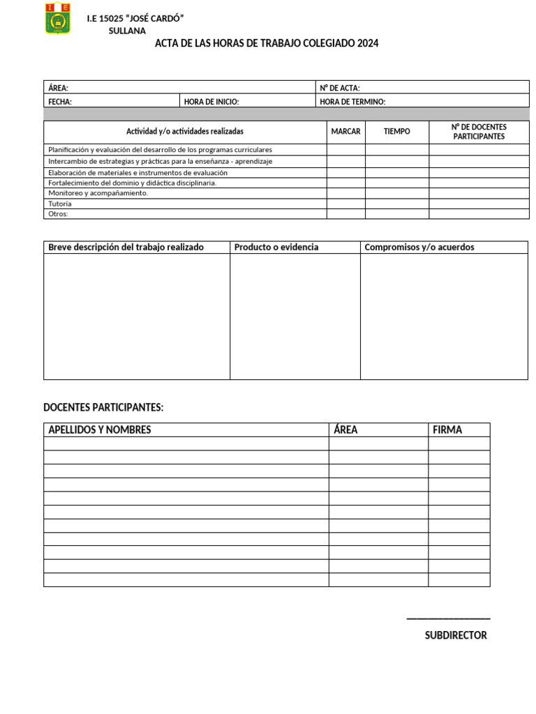 ACTA DE TRABAJO COLEGIADO (Formato) | PDF