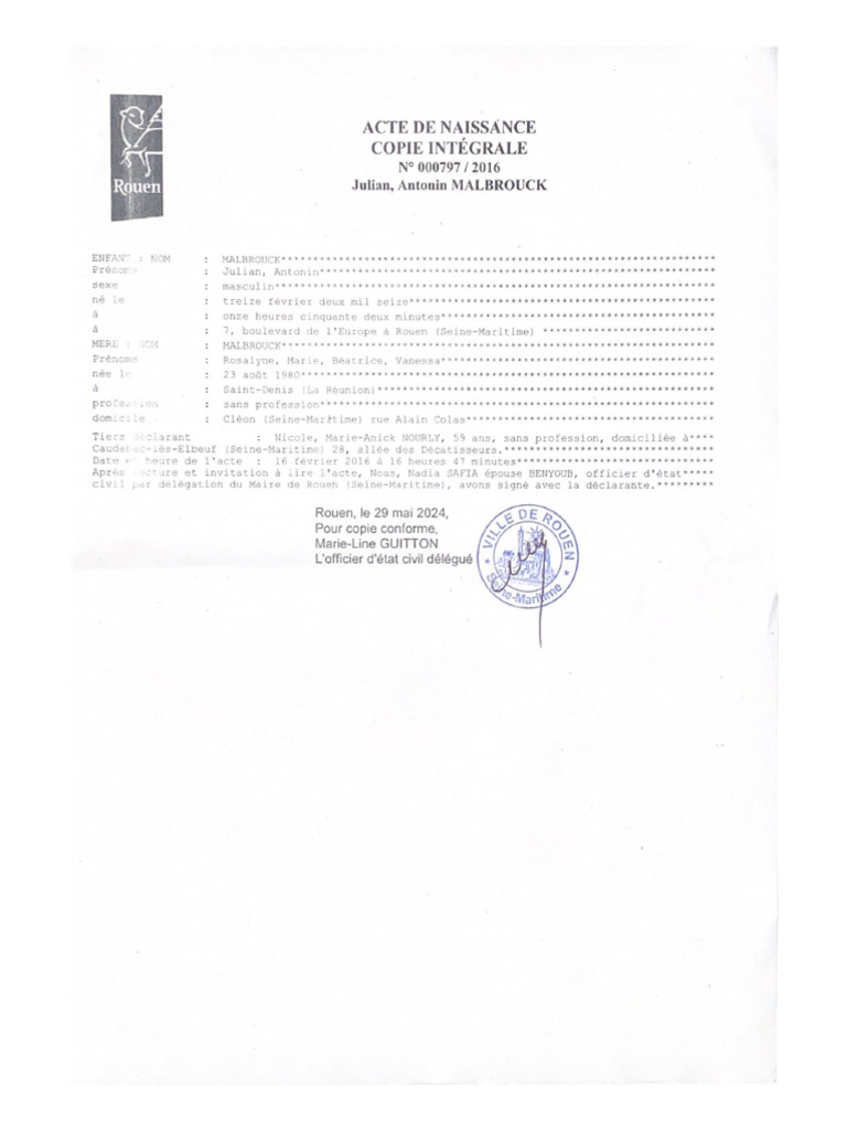 Copie Intégrale - Acte de Naissance Et Livret de Famille Malbrouck Julian | PDF