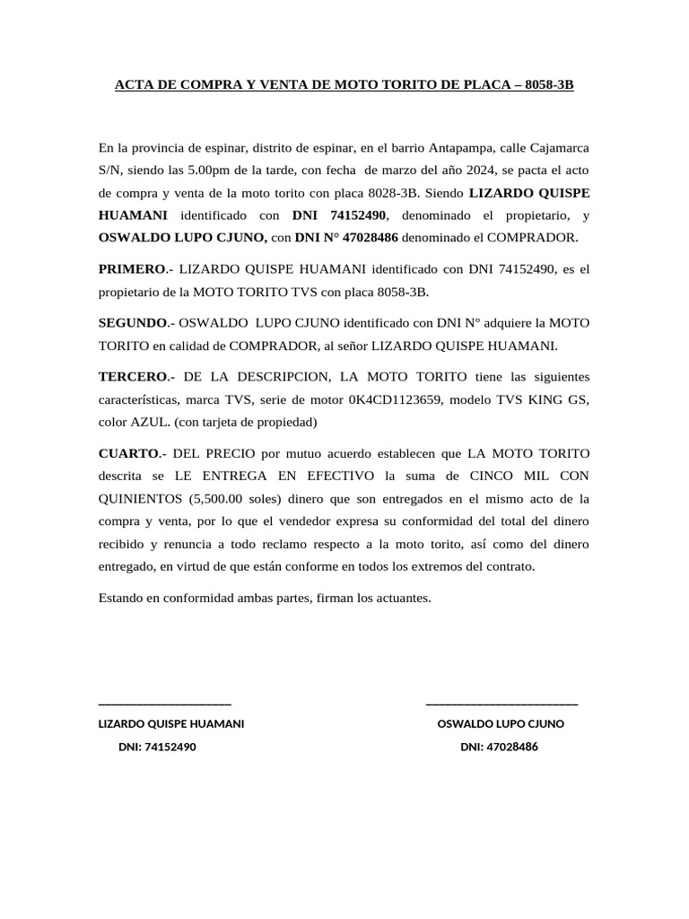 Acta de Compra y Venta de Moto Torito de Placa | PDF