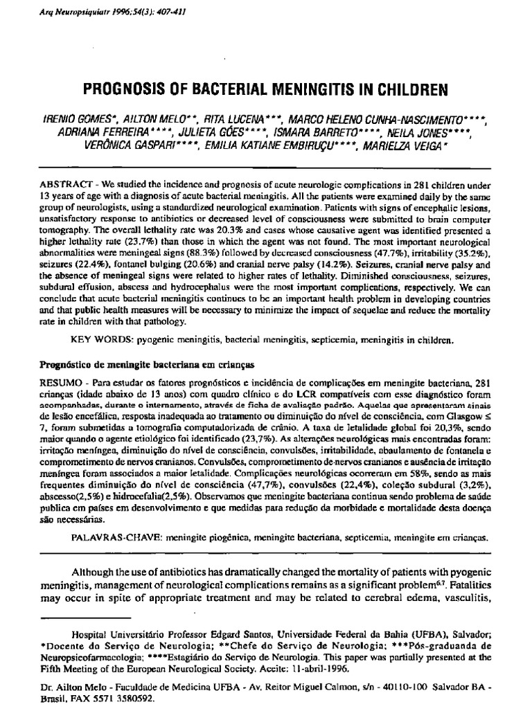Prognosis in Pyogenic Meningitis | PDF