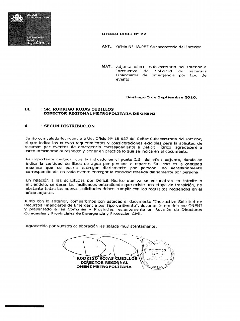 Oficio N° 22 - Adjunta Oficio Subsecretario. Interior | PDF