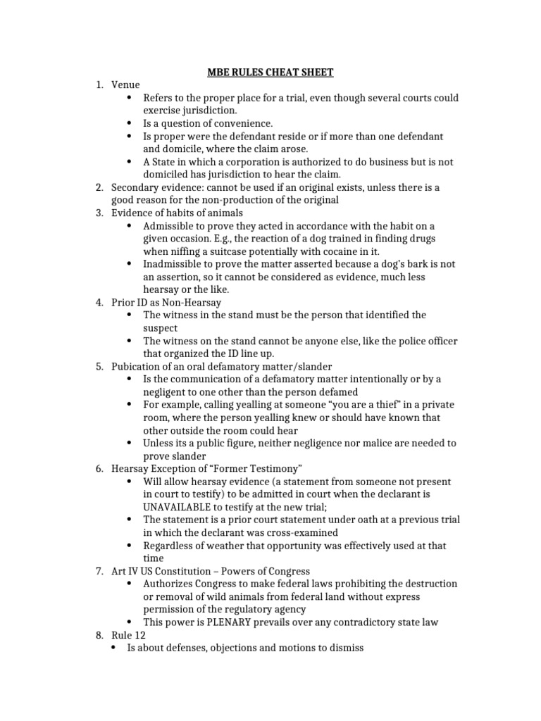 Mbe Rules Cheat Sheet | PDF