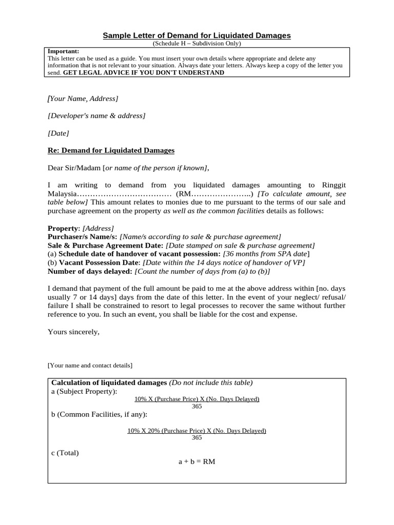 Demand For Liquidated Damages Sample | PDF
