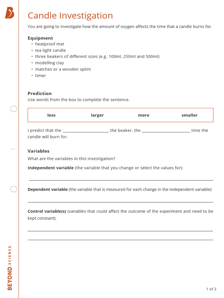 Candle Investigation Worksheet Support | PDF | Candle | Combustion