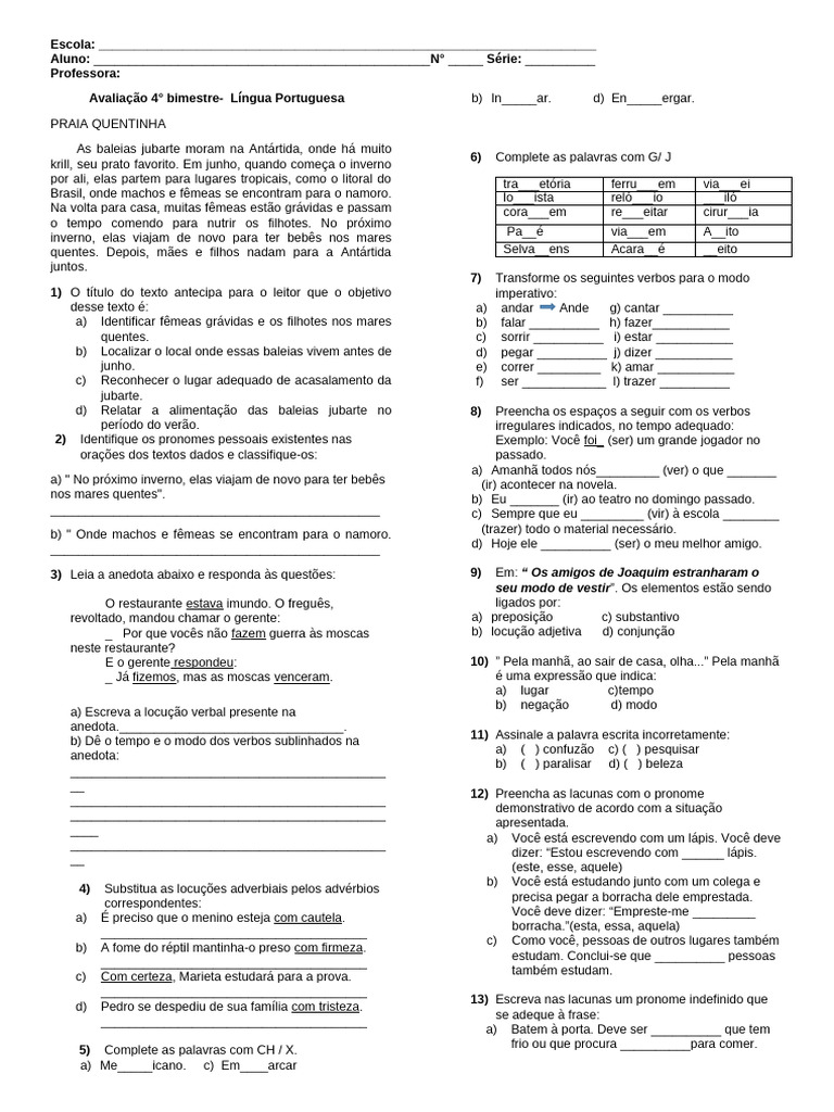 Prova 7 Ano Língua Portuguesa | PDF
